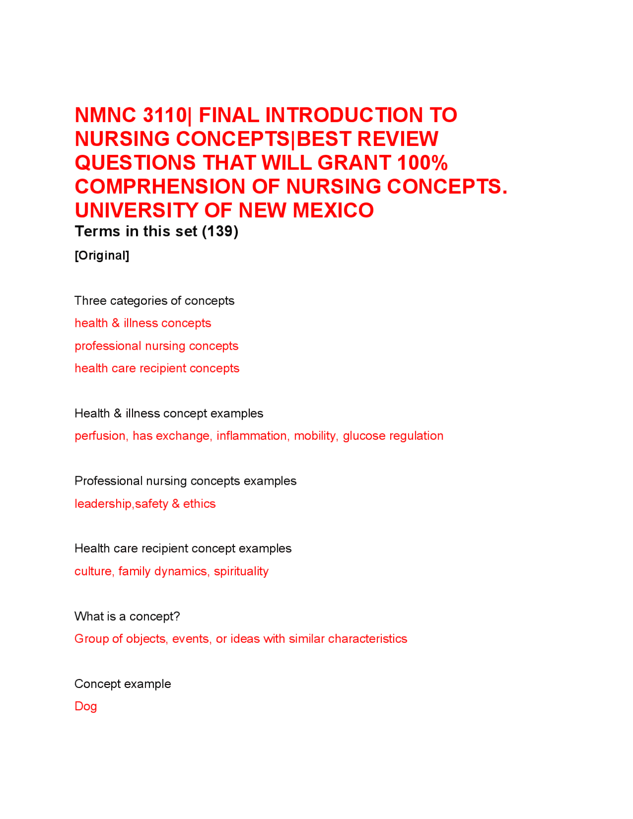 NMNC 3110| FINAL INTRODUCTION TO NURSING CONCEPTS|BEST REVIEW QUESTIONS ...