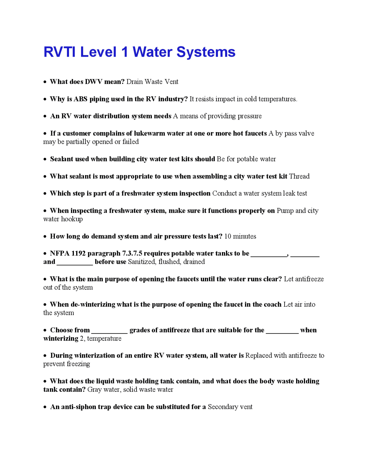 RVTI Level 1 Water Systems Questions & Answers Already Graded A+ ...