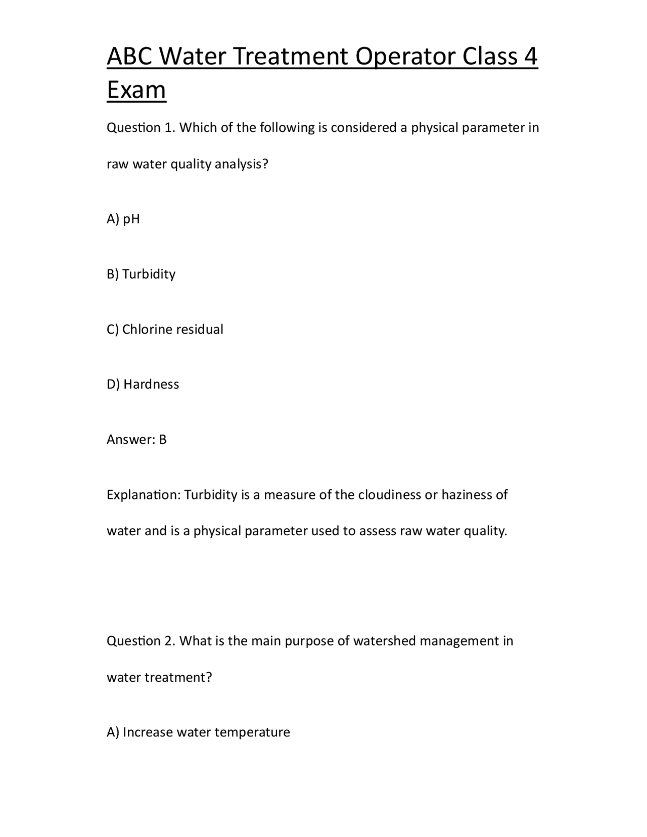 ABC Water Treatment Operator Class 4 Exam | Exams Technology | Docsity