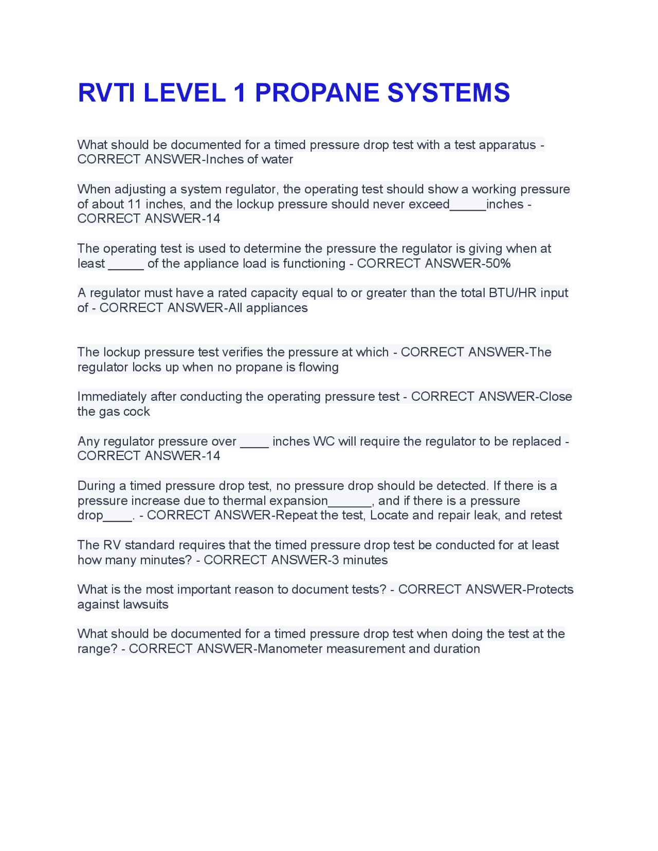 RVTI LEVEL 1 PROPANE SYSTEMS QUESTIONS WITH 100% CORRECT ANSWERS ...