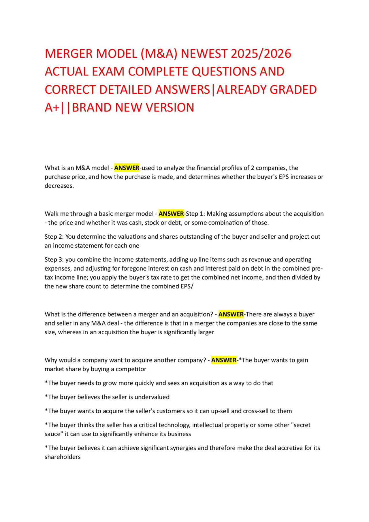 M&A Merger Model: Complete Exam Questions and Answers | Exams Nursing ...
