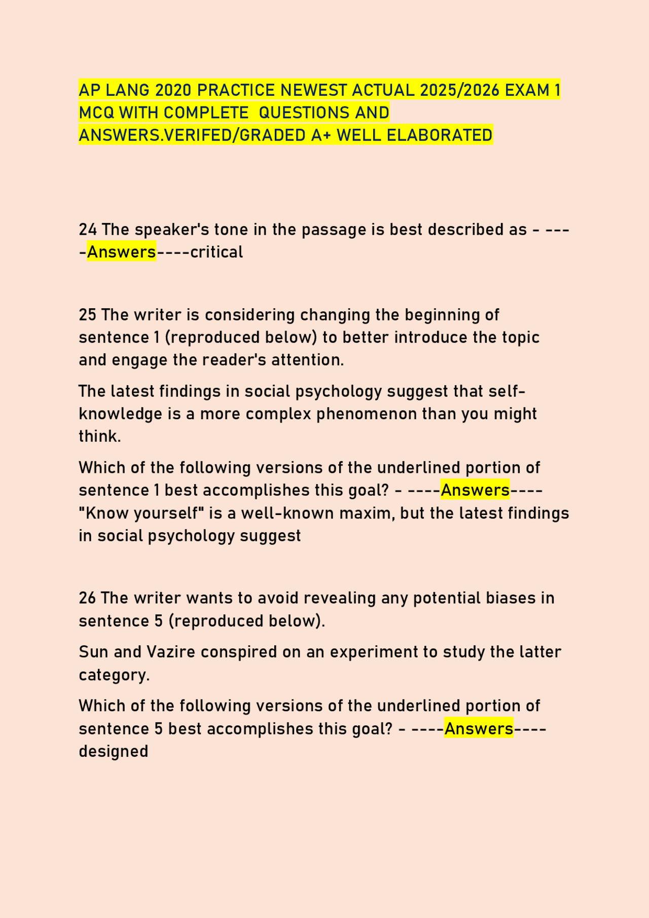 AP LANG 2020 PRACTICE NEWEST ACTUAL 2025/2026 EXAM 1 MCQ WITH COMPLETE ...