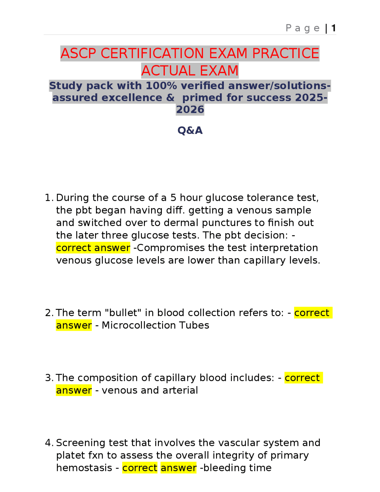 ASCP CERTIFICATION EXAM PRACTICE ACTUAL EXAM Study pack with 100% ...