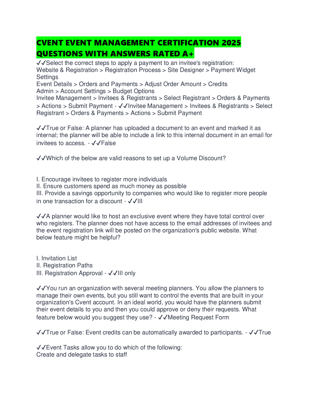CVENT EVENT MANAGEMENT CERTIFICATION 2025 QUESTIONS WITH ANSWERS RATED ...