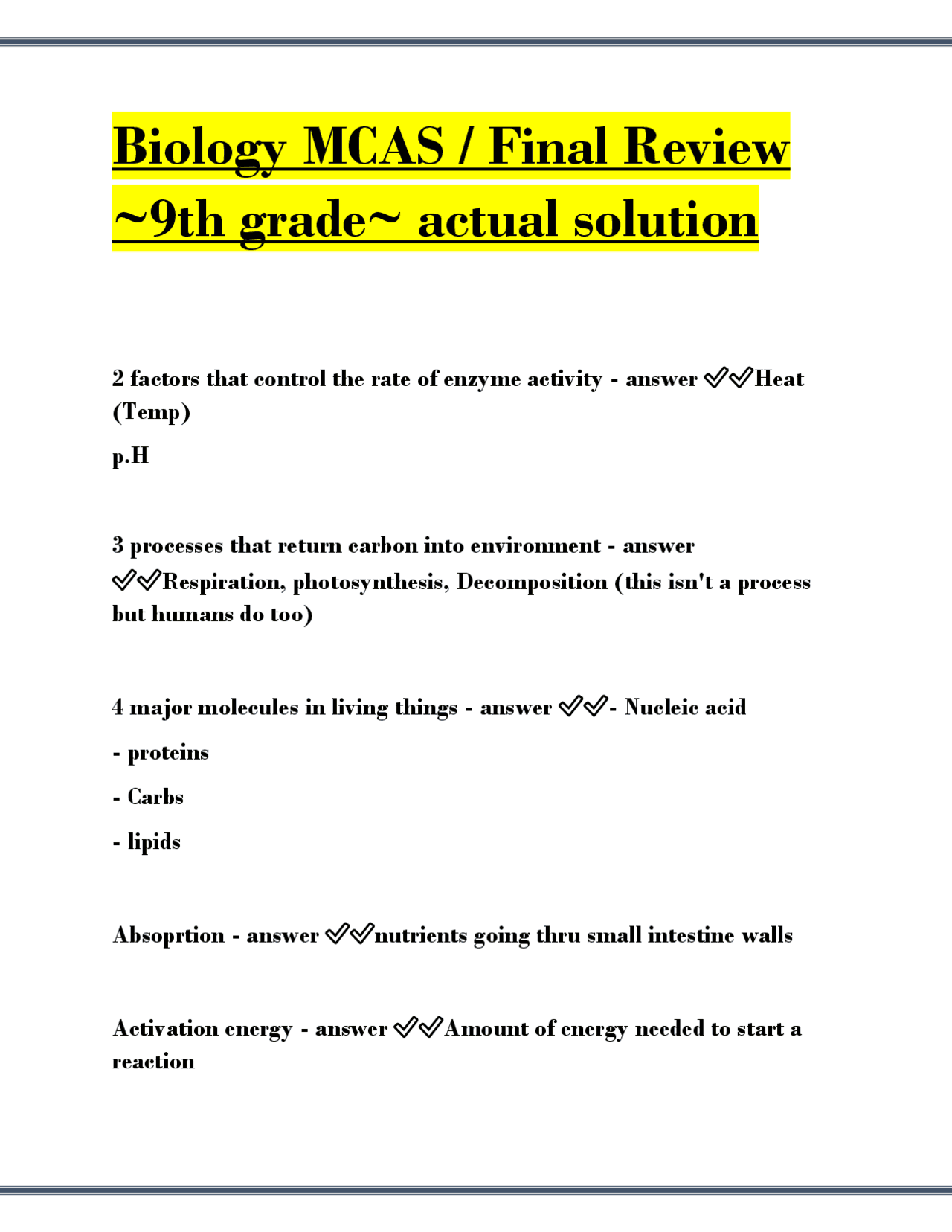 Biology MCAS Final Review ~9th grade~ actual solution.pdf | Exams ...