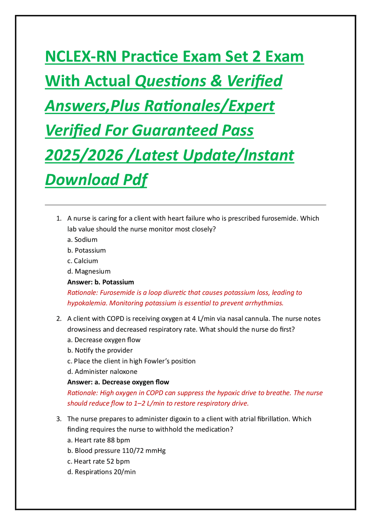 NCLEX-RN Practice Exam Set 2 Exam With Actual Questions & Verified ...