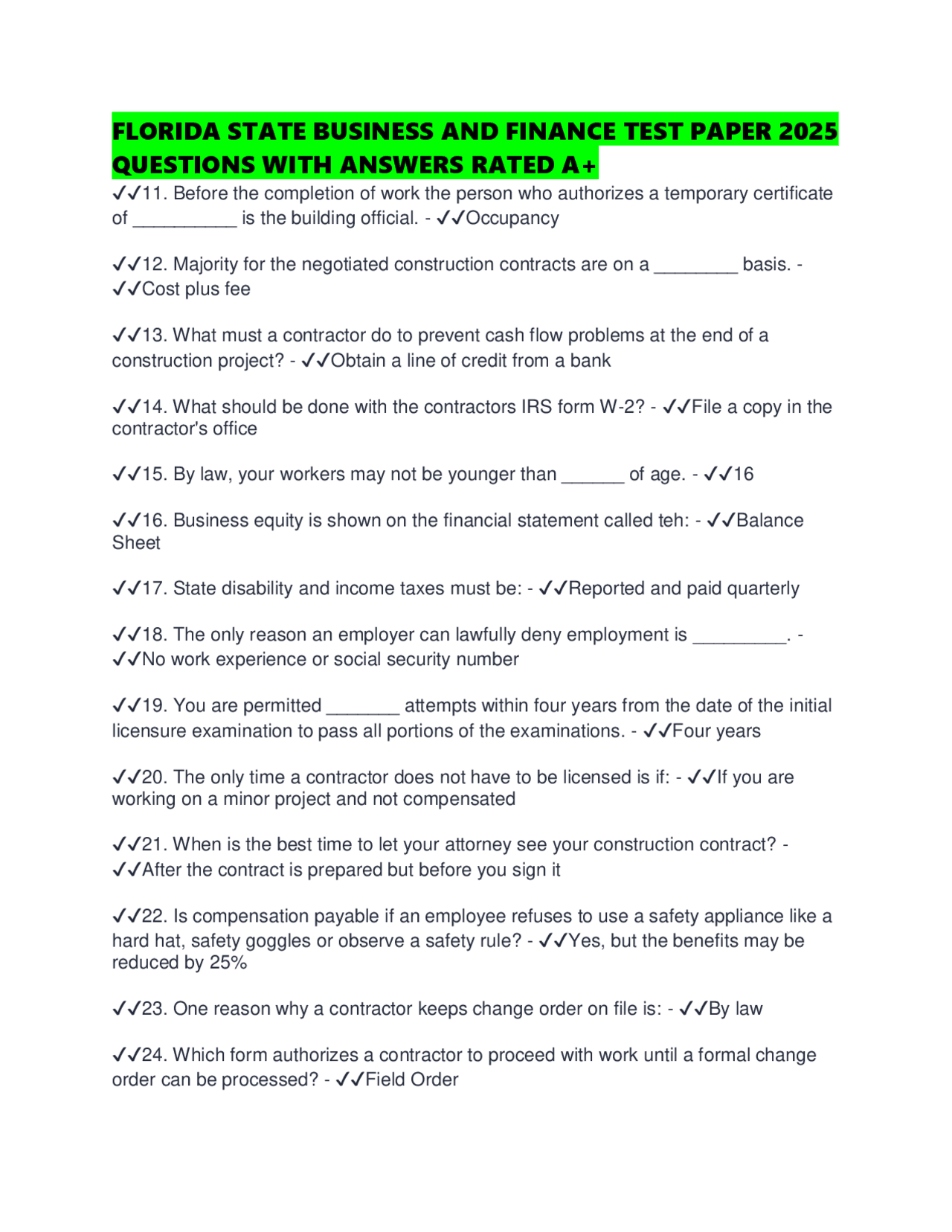 FLORIDA STATE BUSINESS AND FINANCE TEST PAPER 2025 QUESTIONS WITH ...