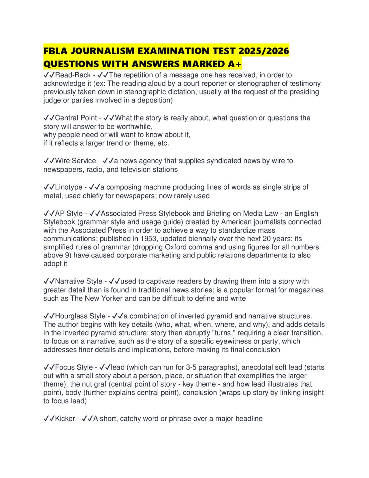 FBLA JOURNALISM EXAMINATION TEST 2025/2026 QUESTIONS WITH ANSWERS ...