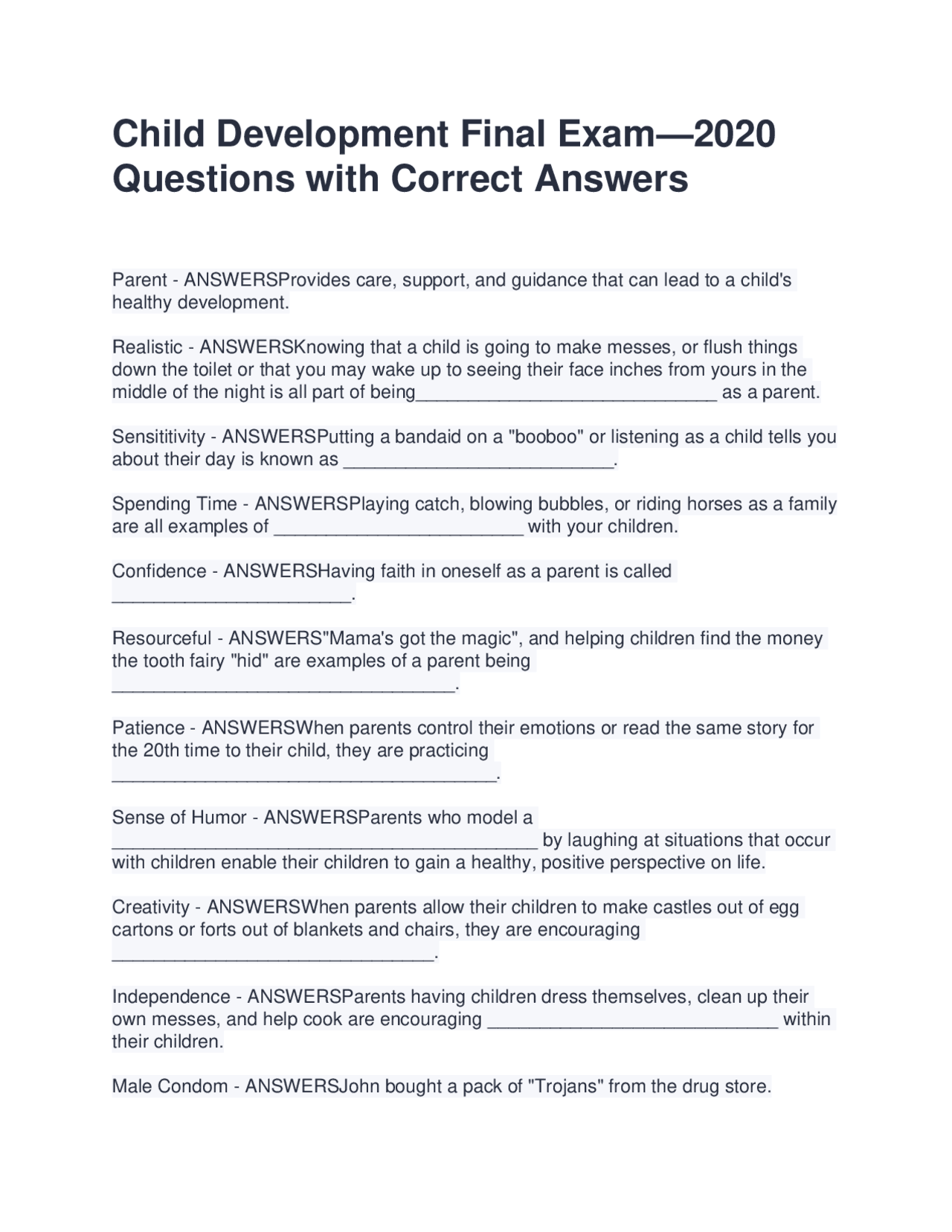 Child Development Final Exam Questions and Answers 2020 | Exams Nursing ...