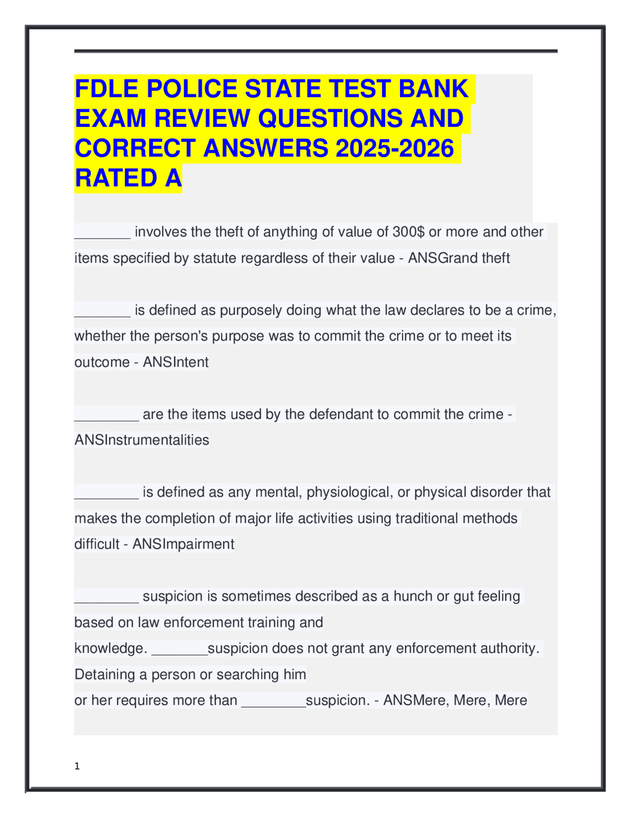 FDLE POLICE STATE TEST BANK EXAM REVIEW QUESTIONS AND CORRECT ANSWERS ...