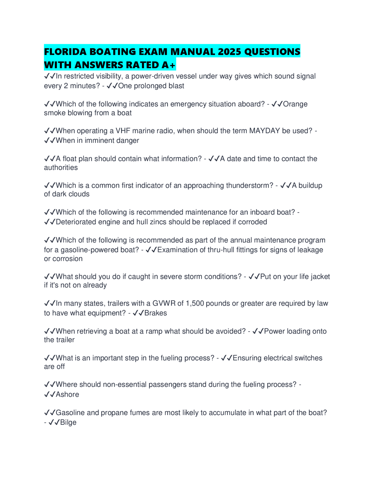 FLORIDA BOATING EXAM MANUAL 2025 QUESTIONS WITH ANSWERS RATED A+ ...