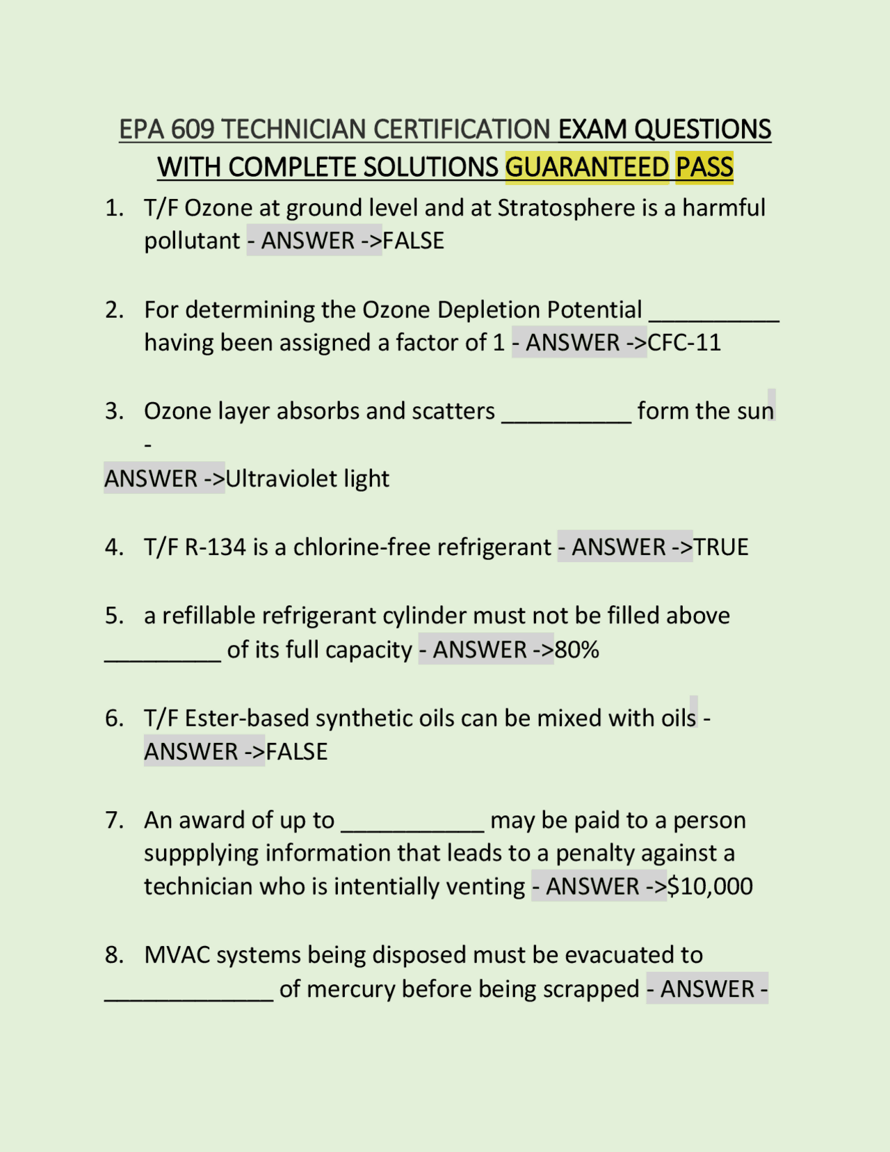 EPA 609 TECHNICIAN CERTIFICATION EXAM QUESTIONS WITH COMPLETE SOLUTIONS ...