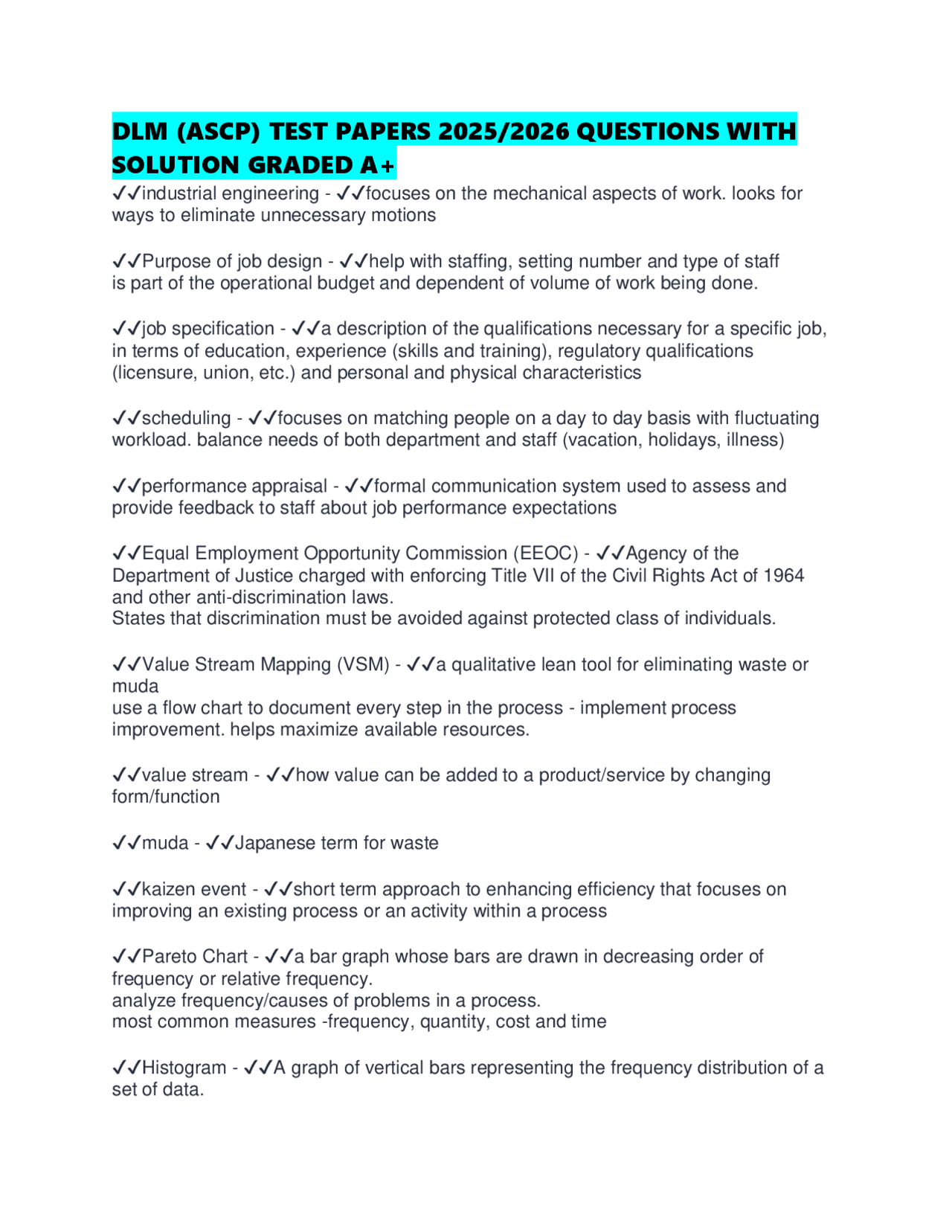 DLM (ASCP) TEST PAPERS 2025/2026 QUESTIONS WITH SOLUTION GRADED A+ ...