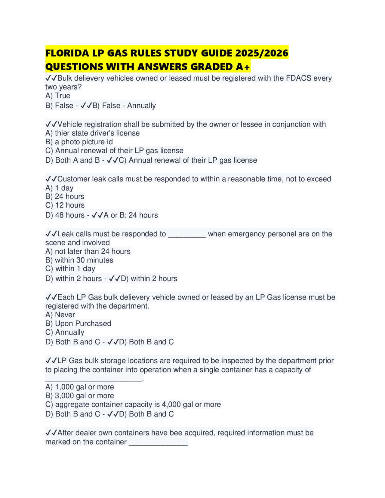 FLORIDA LP GAS RULES STUDY GUIDE 2025/2026 QUESTIONS WITH ANSWERS ...