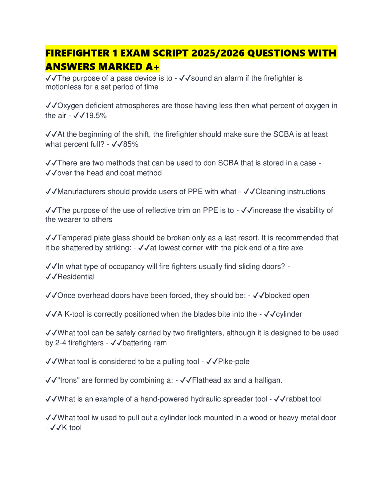 FIREFIGHTER 1 EXAM SCRIPT 2025/2026 QUESTIONS WITH ANSWERS MARKED A+ ...