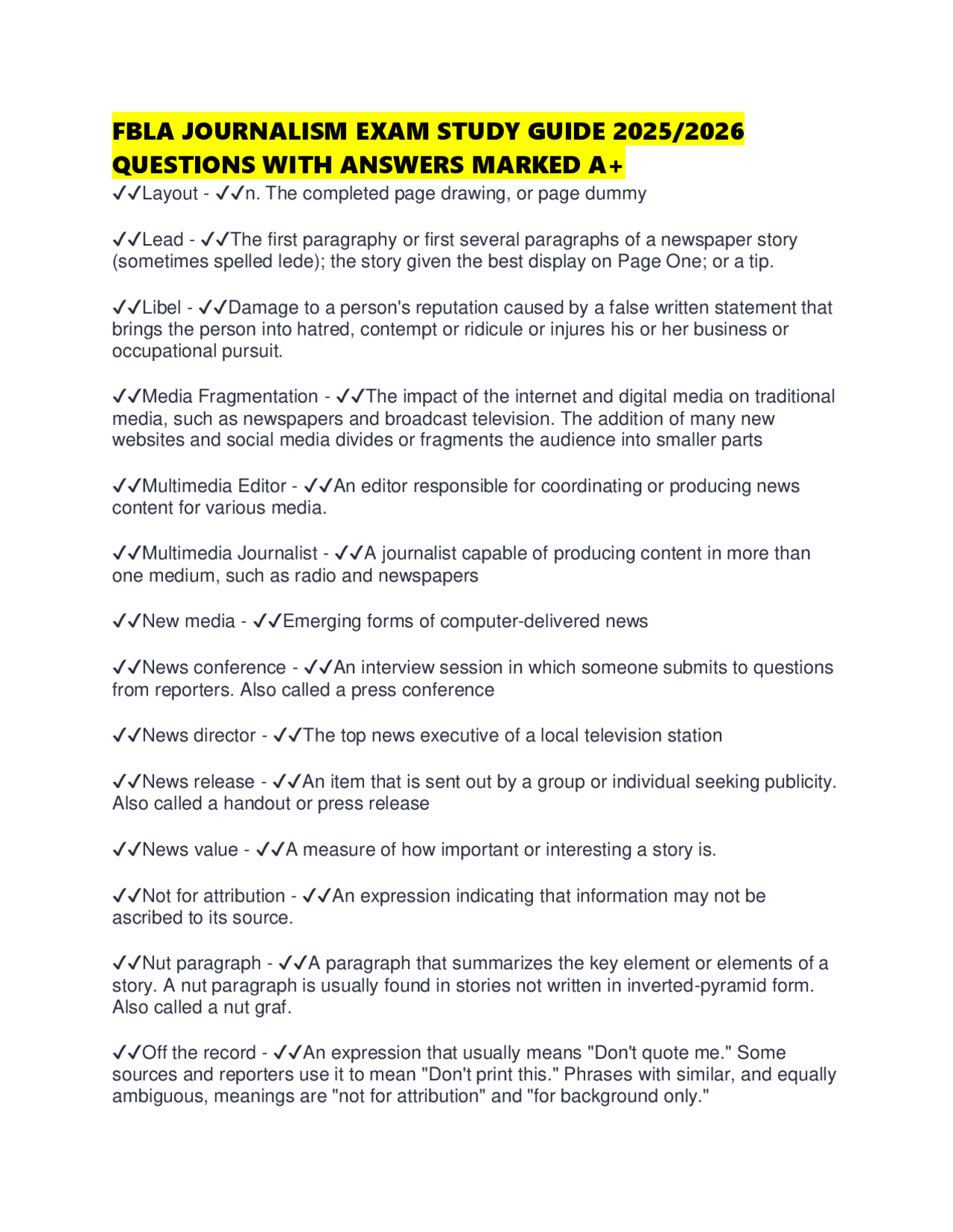 FBLA JOURNALISM EXAM STUDY GUIDE 2025/2026 QUESTIONS WITH ANSWERS ...