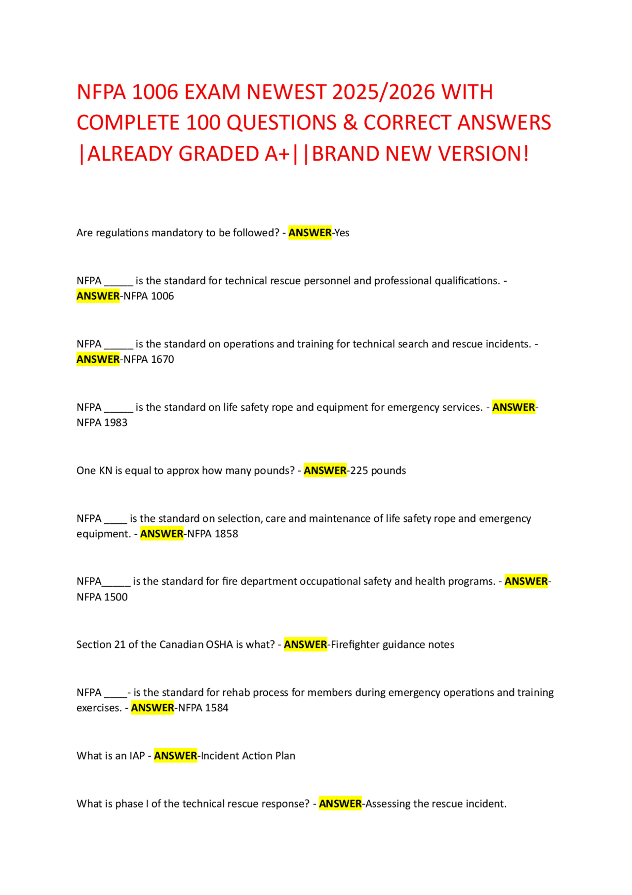 NFPA 1006 EXAM NEWEST 2025/2026 WITH COMPLETE 100 QUESTIONS & CORRECT ...