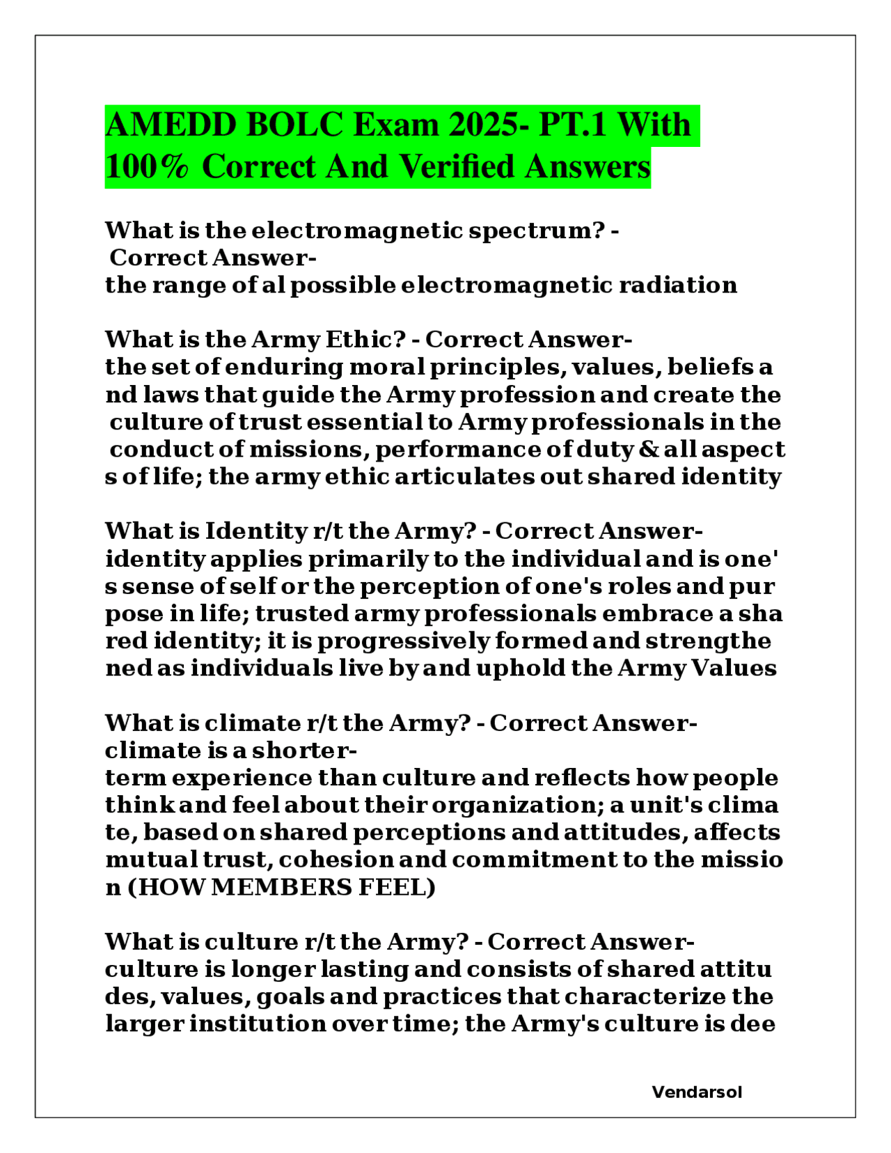 AMEDD BOLC Exam 2025- PT.1 With 100% Correct And Verified Answers ...