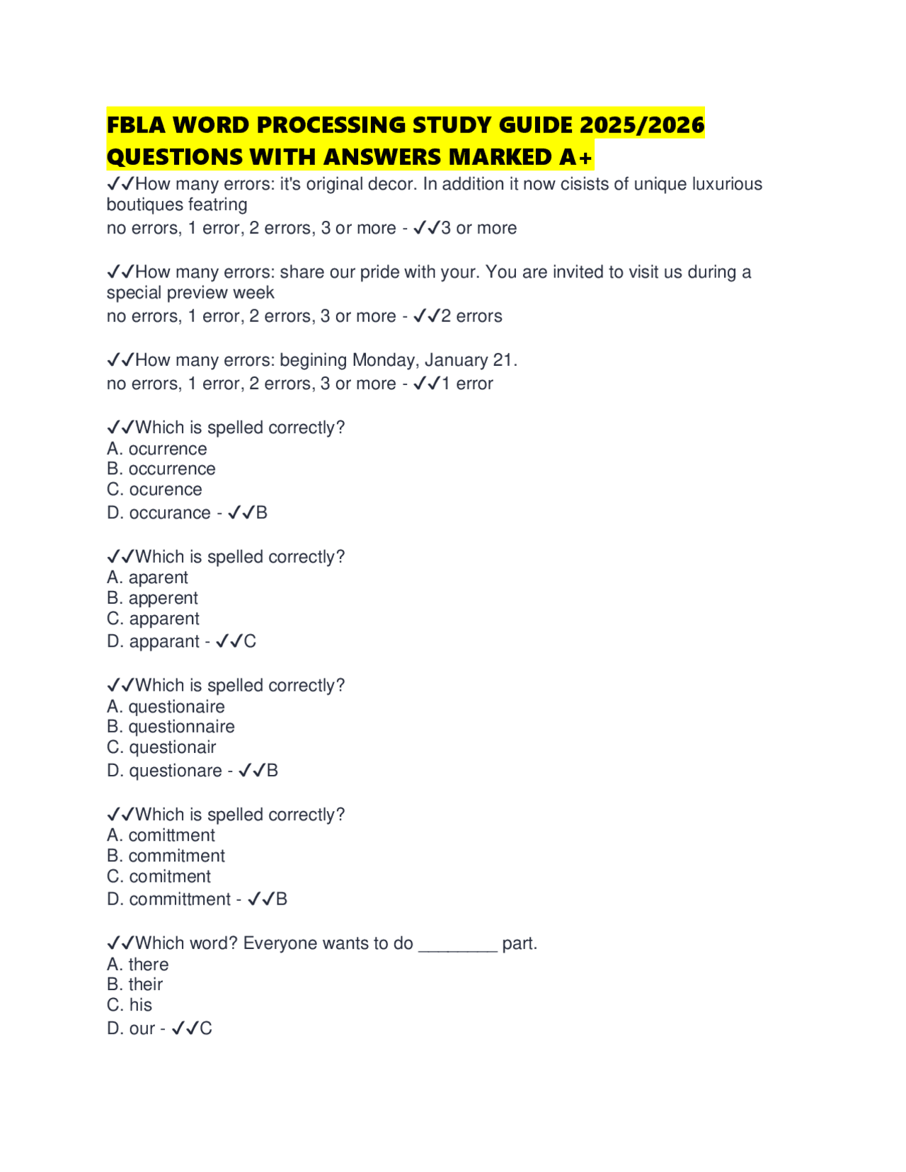 FBLA WORD PROCESSING STUDY GUIDE 2025/2026 QUESTIONS WITH ANSWERS ...