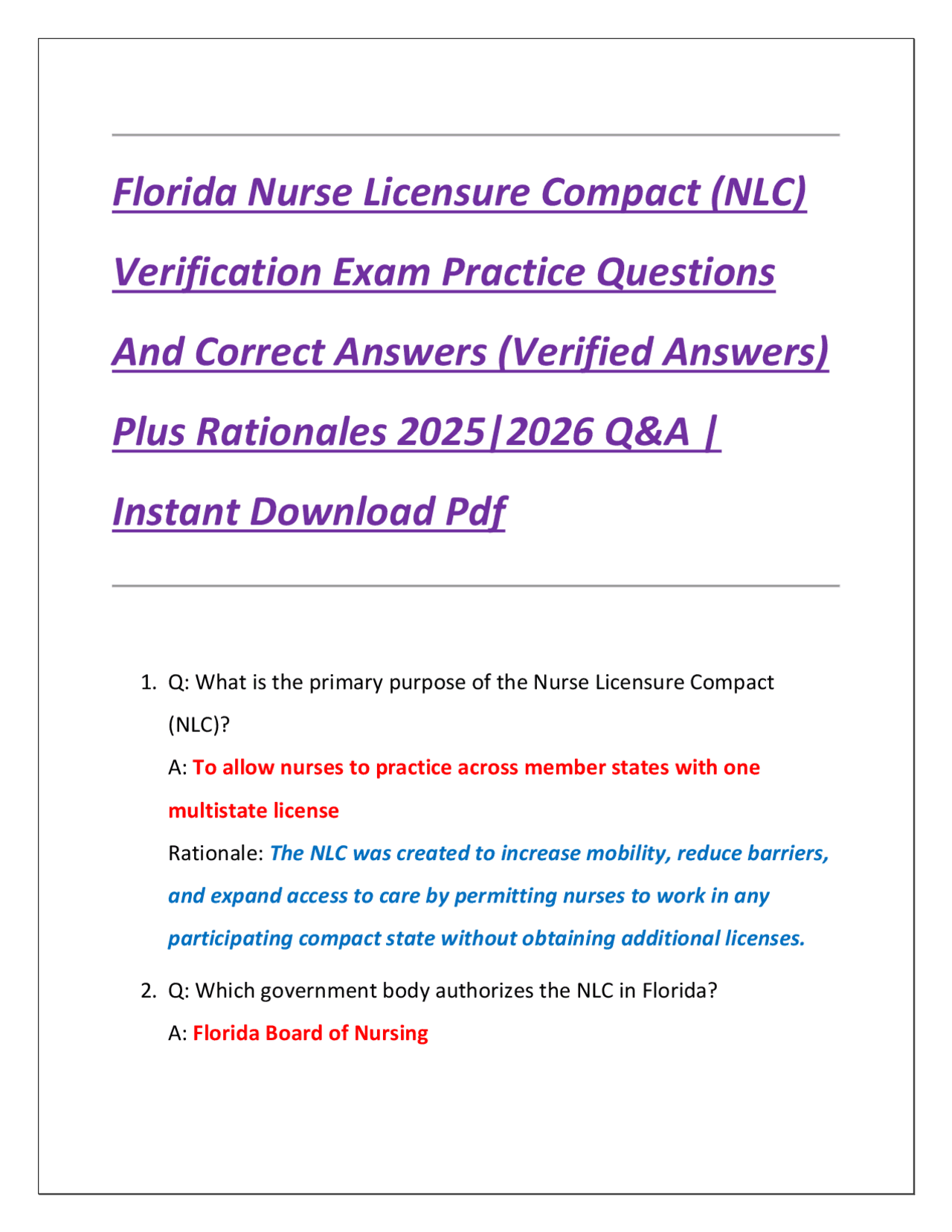 Florida Nurse Licensure Compact (NLC) Exam Practice Questions and ...