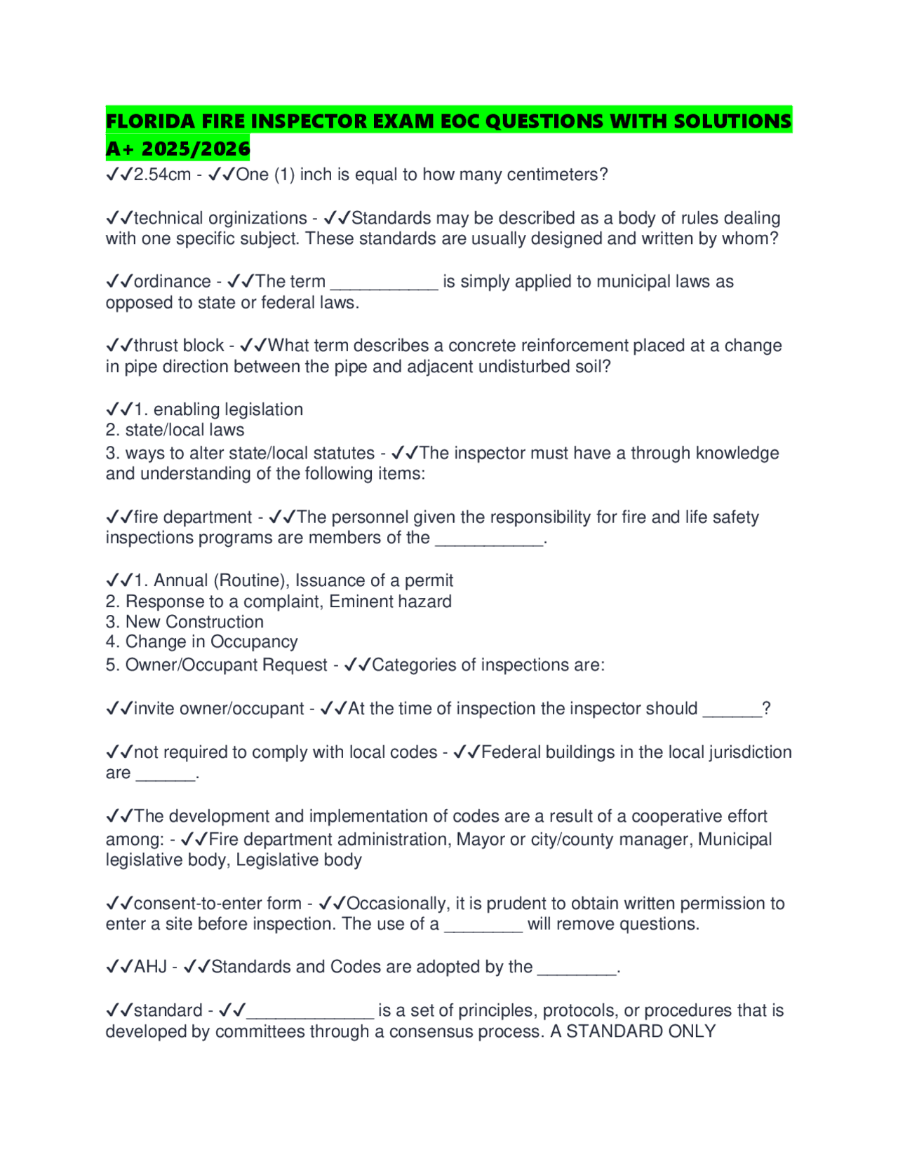 FLORIDA FIRE INSPECTOR EXAM EOC QUESTIONS WITH SOLUTIONS A+ 2025/2026 ...