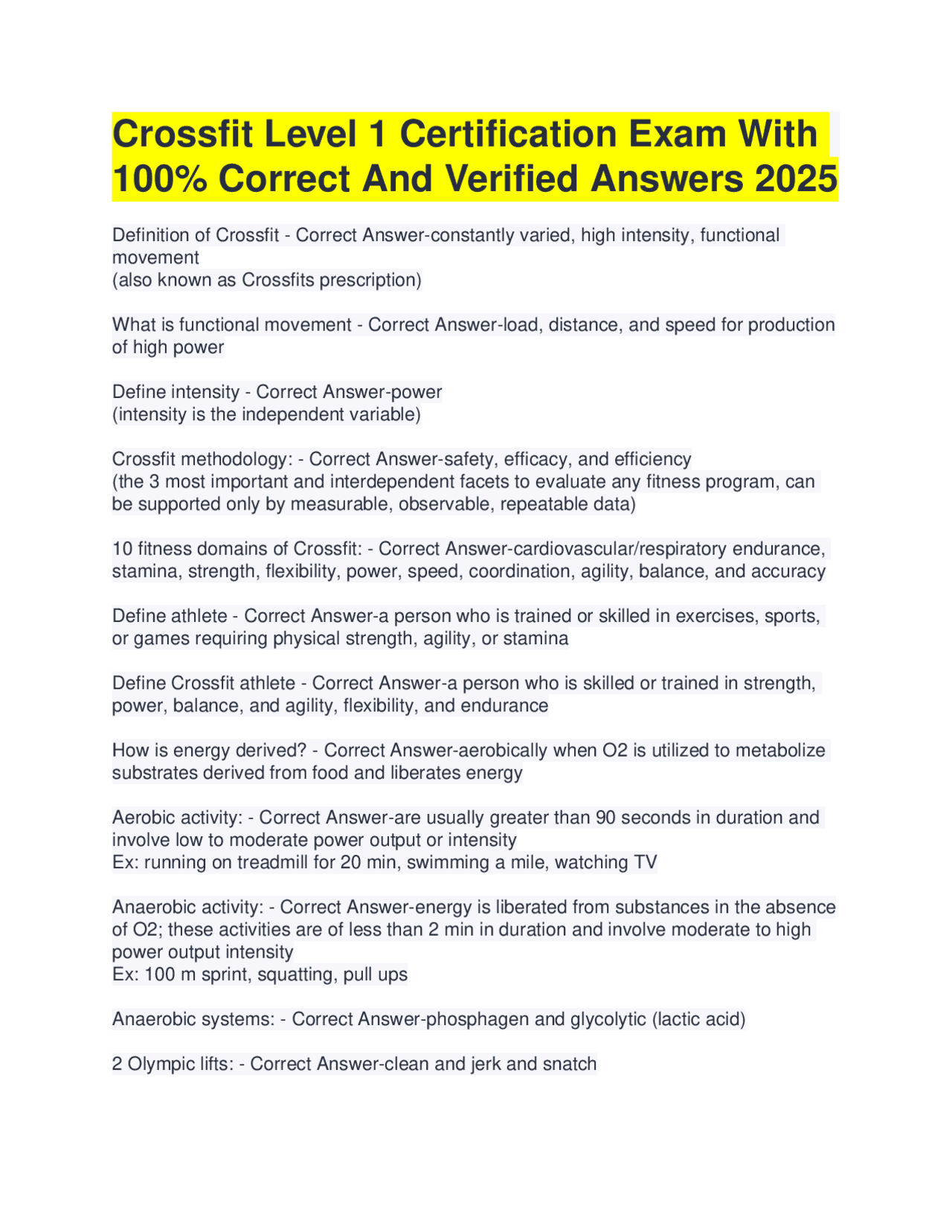 Crossfit Level 1 Certification Exam With 100% Correct And Verified ...