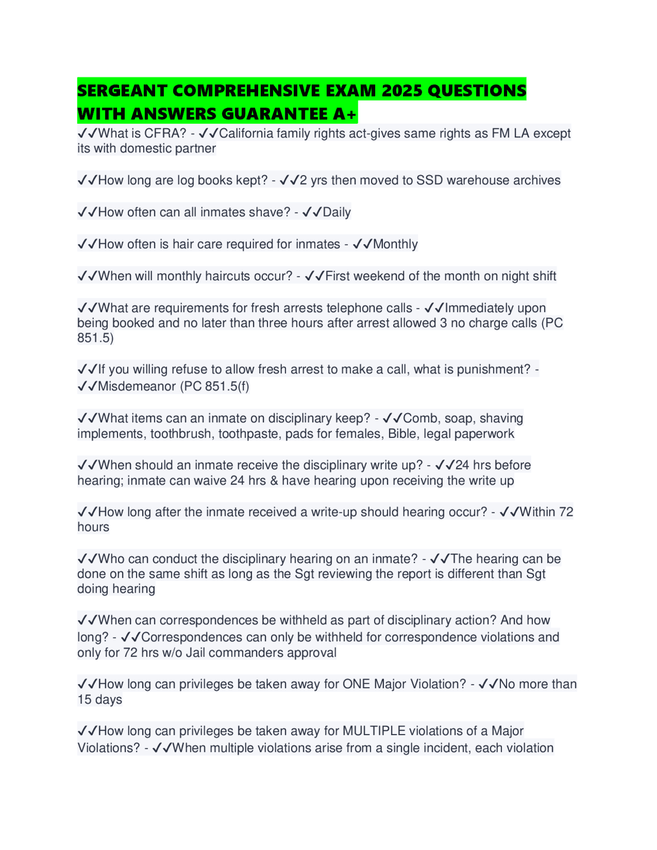 SERGEANT COMPREHENSIVE EXAM 2025 QUESTIONS WITH ANSWERS GUARANTEE A+ ...