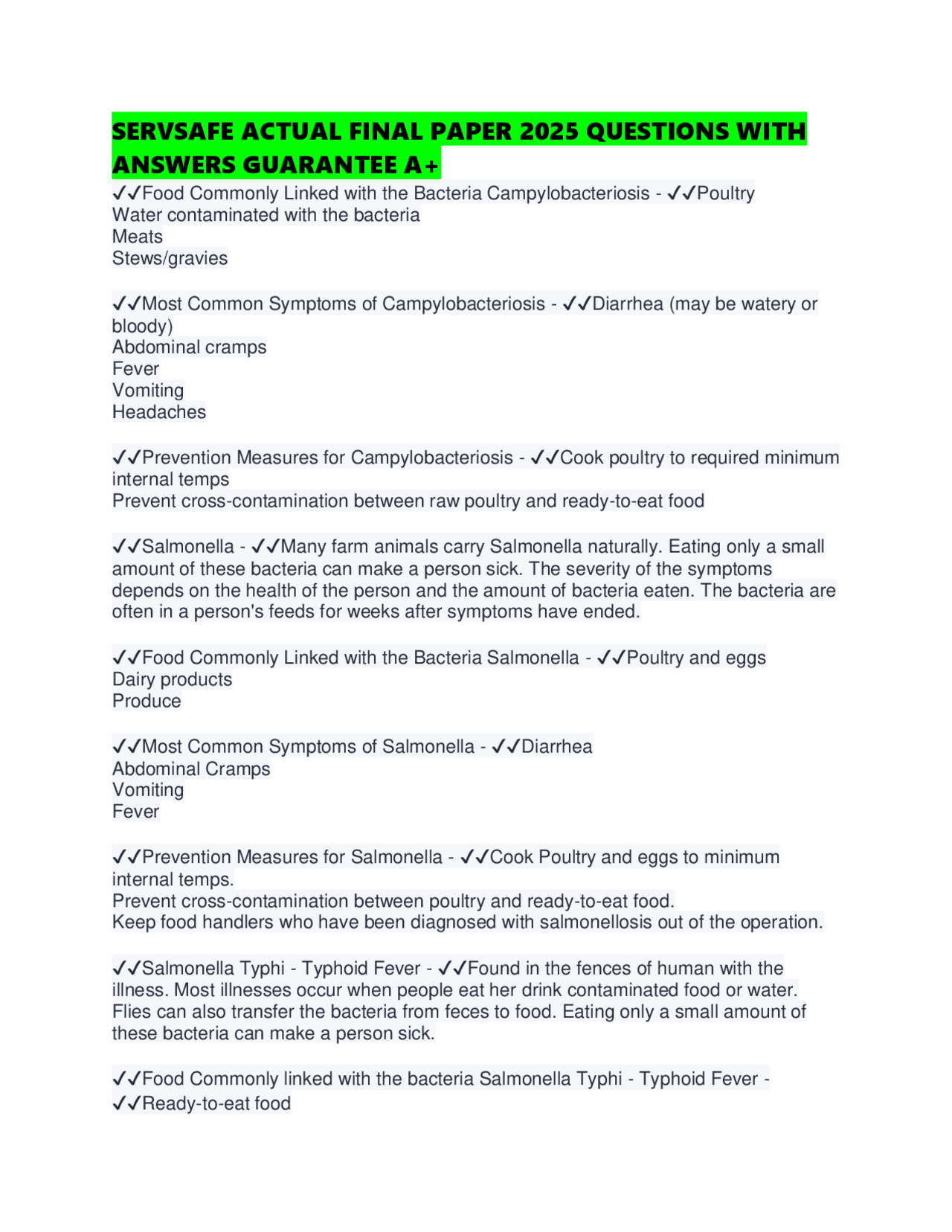 SERVSAFE ACTUAL FINAL PAPER 2025 QUESTIONS WITH ANSWERS GUARANTEE A+ ...