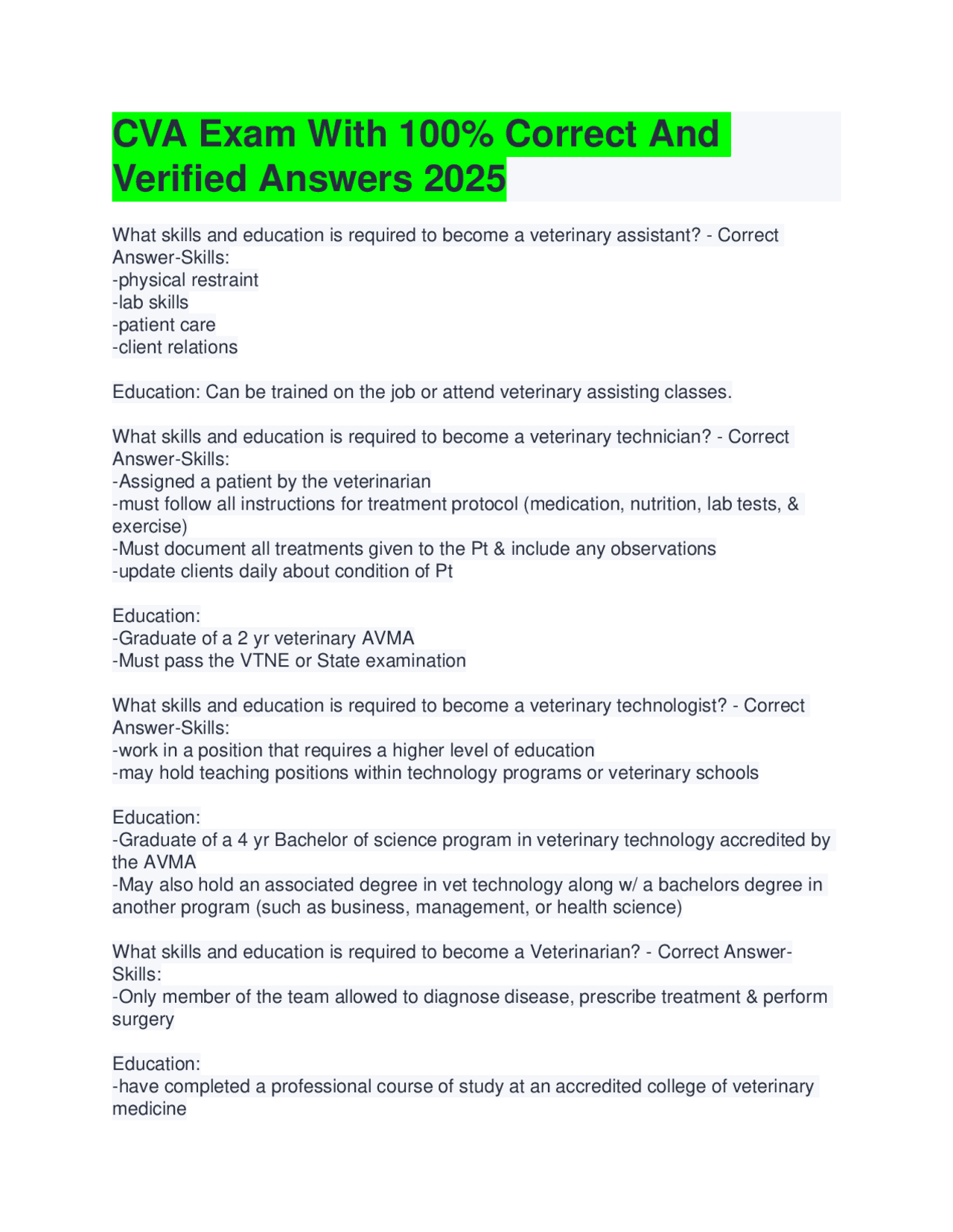 CVA Exam With 100% Correct And Verified Answers 2025 | Exams Advanced ...