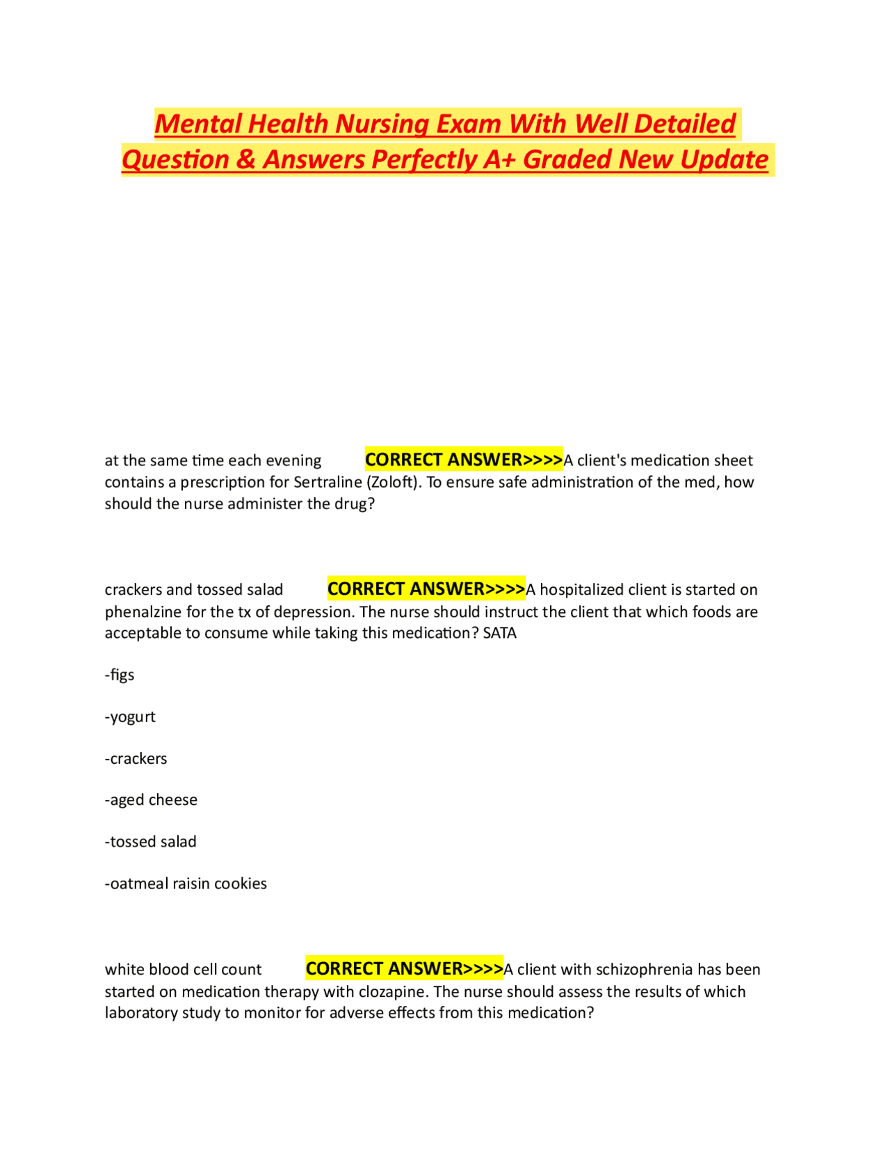 Mental Health Nursing Exam With Well Detailed Question & Answers ...