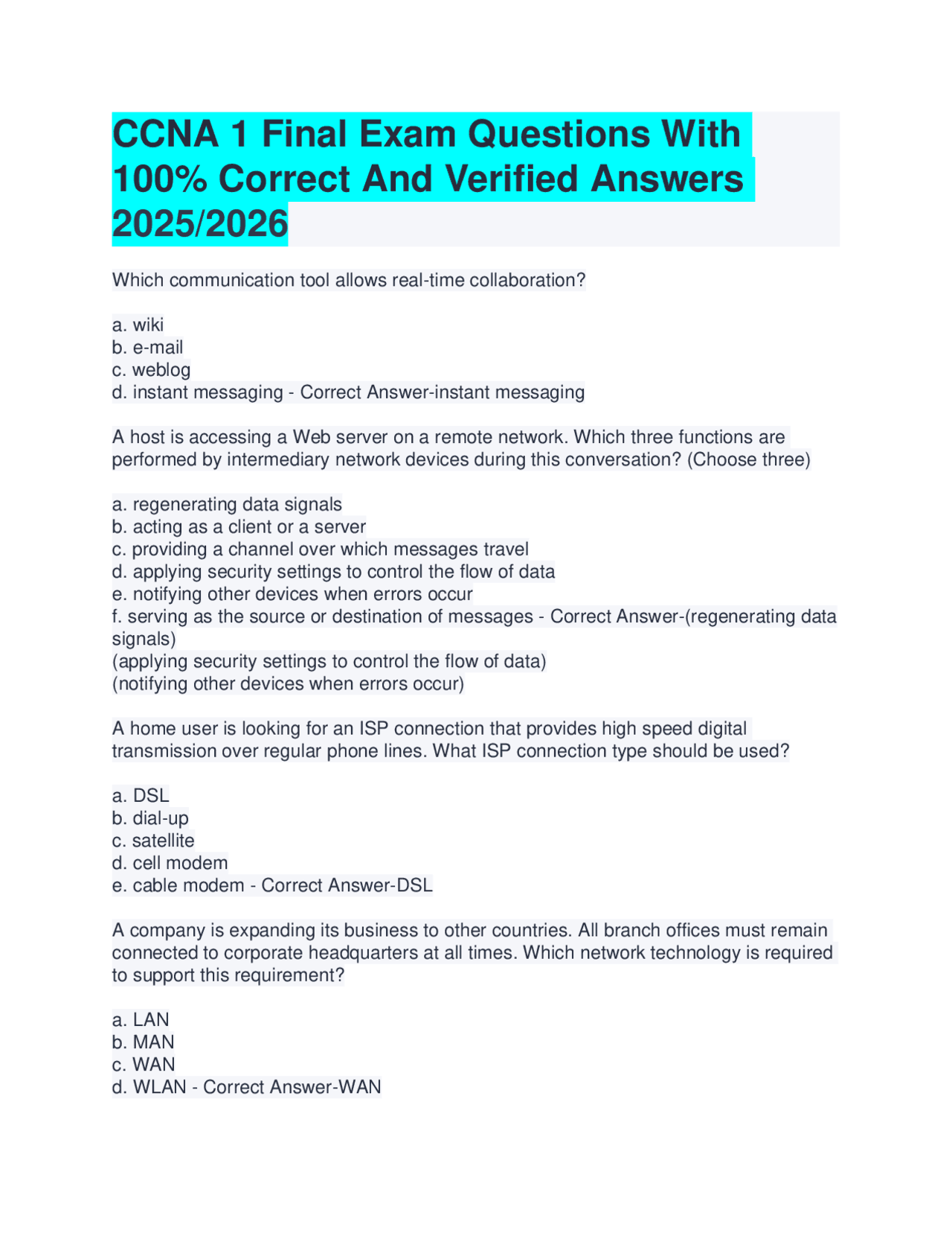 CCNA 1 Final Exam Questions and Answers 2025/2026 | Exams Advanced ...