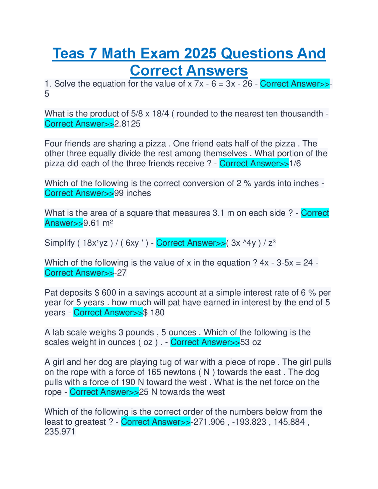Teas 7 Math Exam 2025 Questions And Correct Answers | Exams Mathematics ...