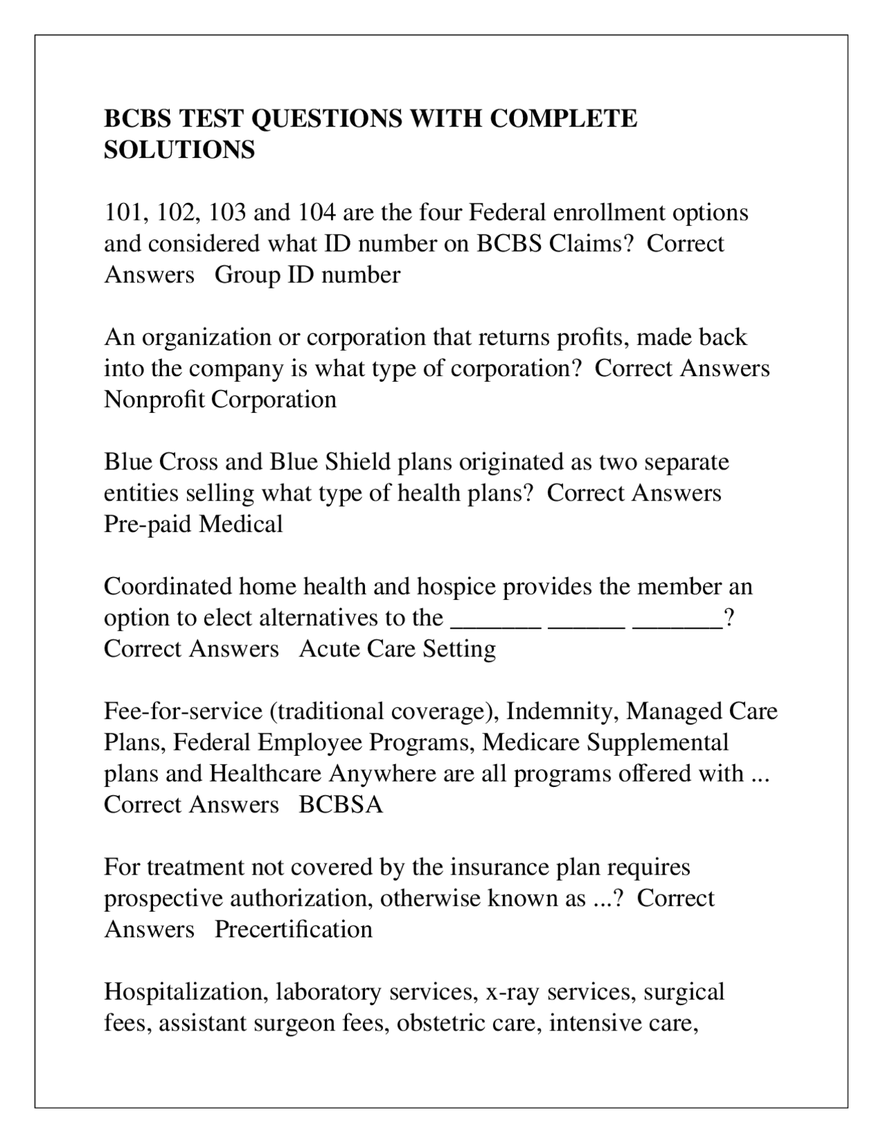 BCBS Exam Questions and Solutions | Exams Nursing | Docsity