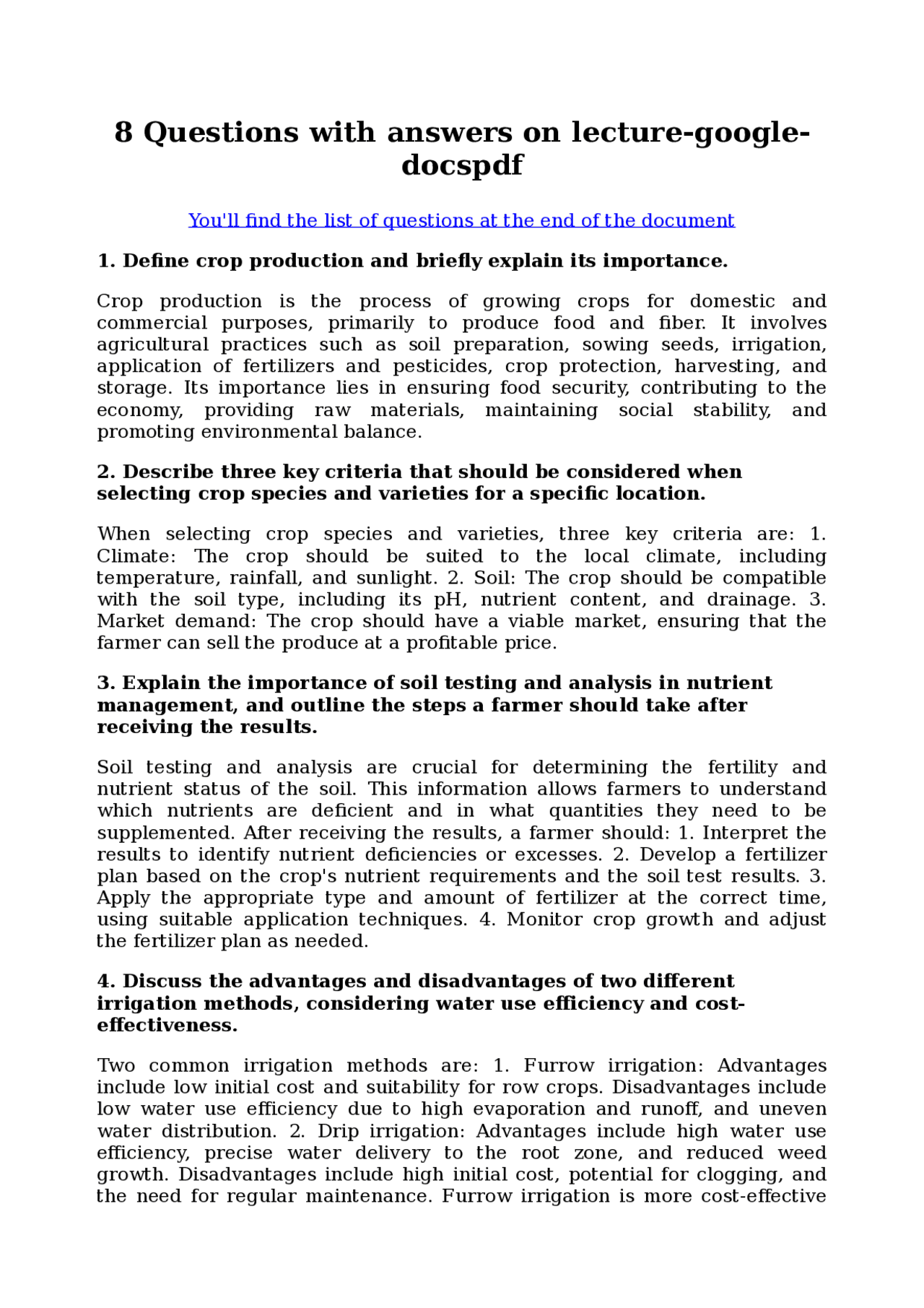 Questions and answers, Crop Production Course Outline: Principles and ...