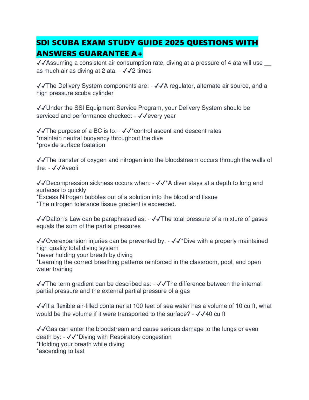 SDI SCUBA EXAM STUDY GUIDE 2025 QUESTIONS WITH ANSWERS GUARANTEE A+ ...