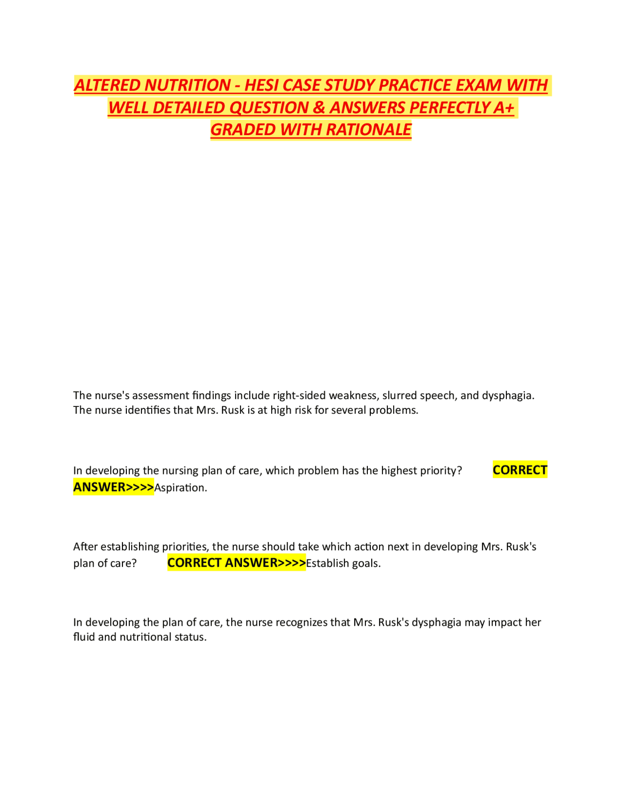 ALTERED NUTRITION - HESI CASE STUDY PRACTICE EXAM WITH WELL DETAILED ...