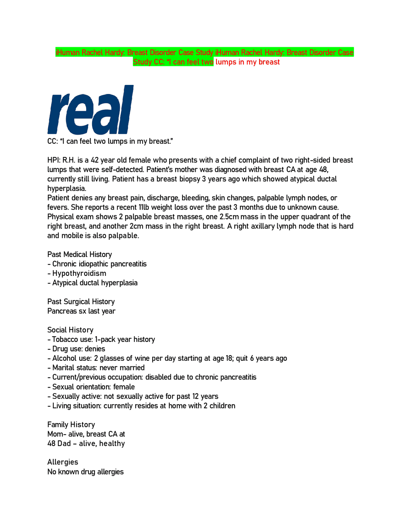 Breast Disorder Case Study: Rachel Hardy - iHuman Simulation | Exams ...