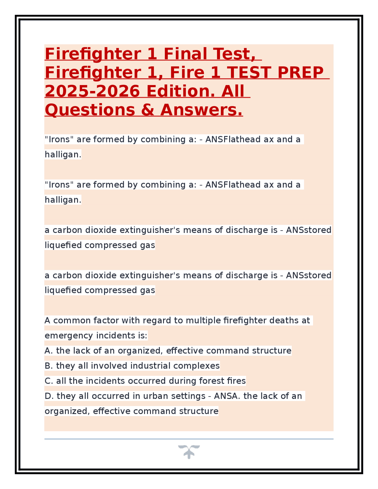Firefighter 1 Final Test, Firefighter 1, Fire 1 TEST PREP 2025-2026 ...