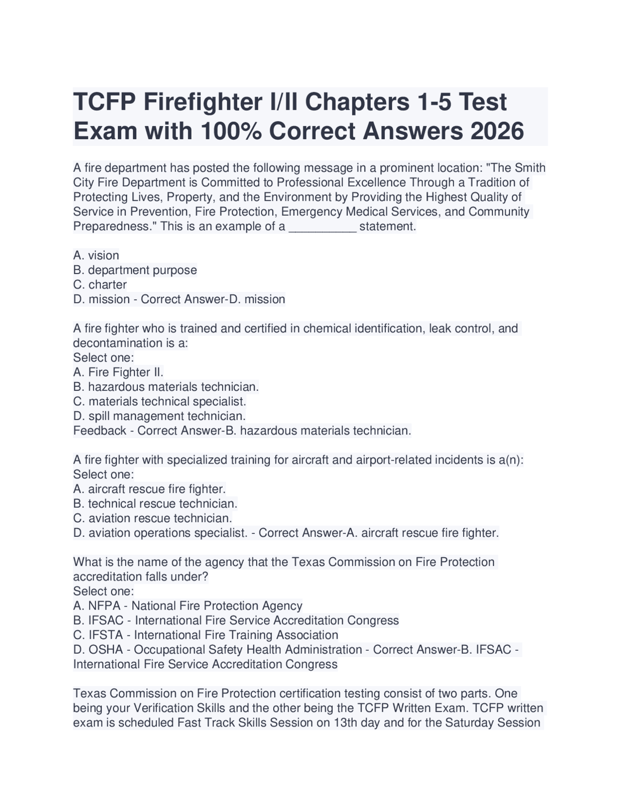 TCFP Firefighter I/II Chapters 1-5 Test Exam with 100% Correct Answers ...