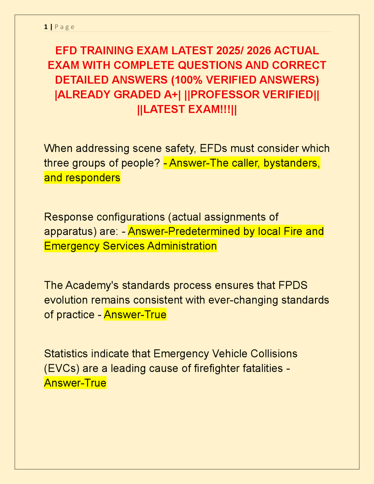 EFD TRAINING EXAM LATEST 2025/ 2026 ACTUAL EXAM WITH COMPLETE QUESTIONS ...