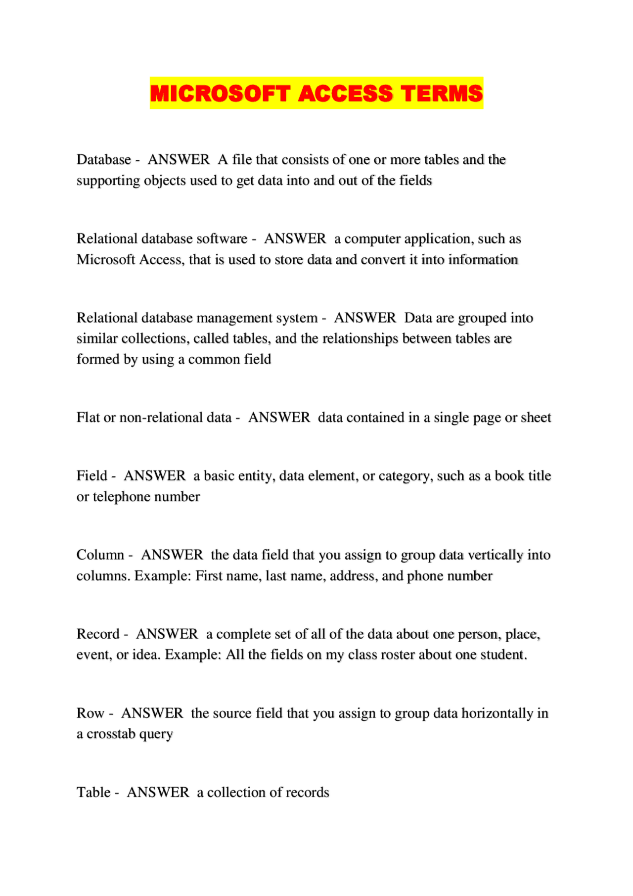 MICROSOFT ACCESS TERMS | Exams Information Technology | Docsity