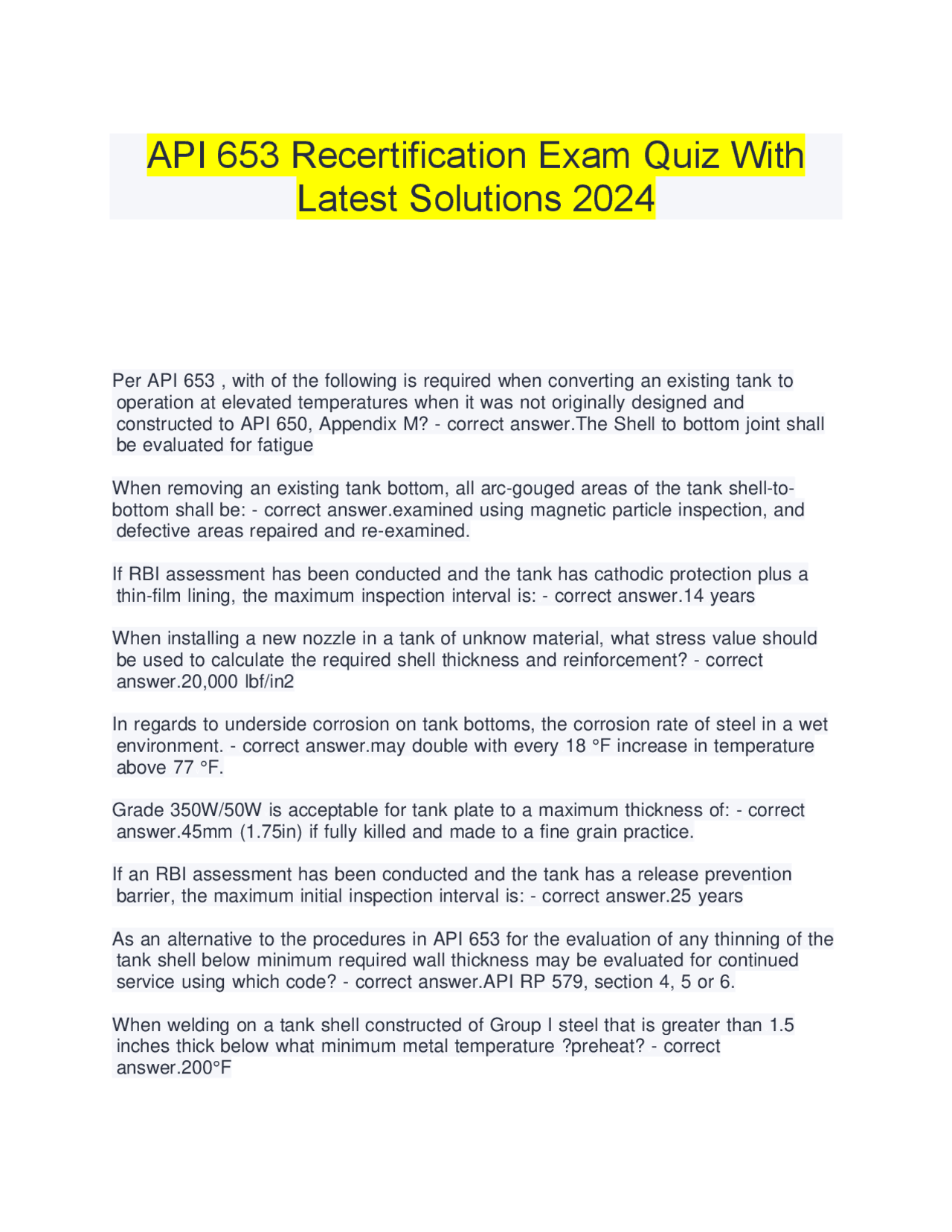 API 653 Recertification Exam Quiz with Solutions 2024 | Exams ...