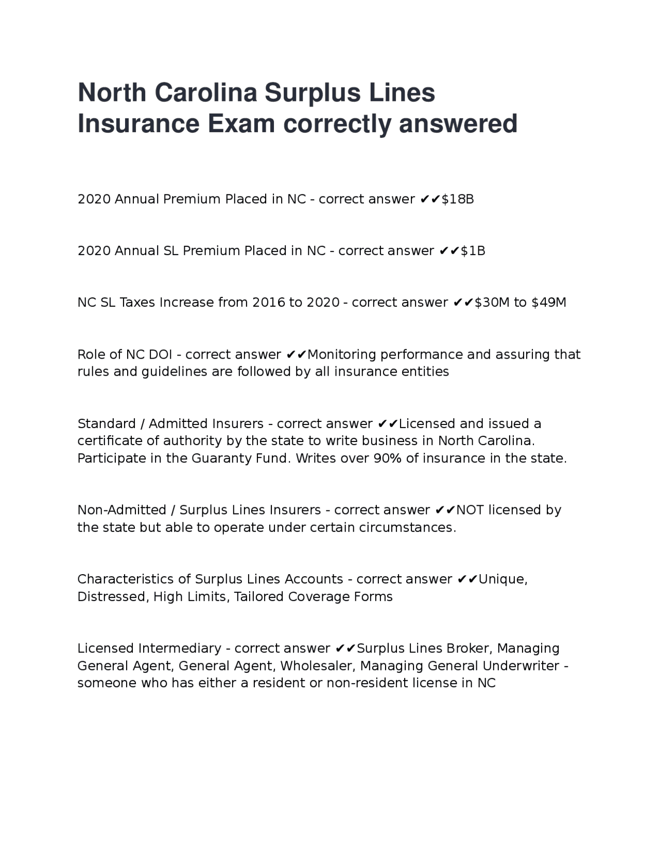 North Carolina Surplus Lines Insurance Exam Q&A | Exams Insurance ...