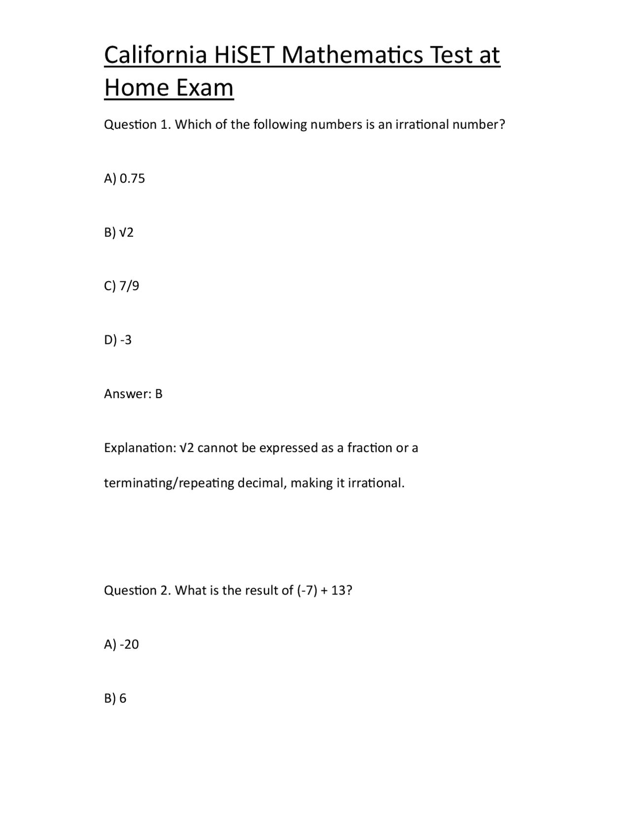 California HiSET Mathematics Test at Home Exam | Exams Technology | Docsity
