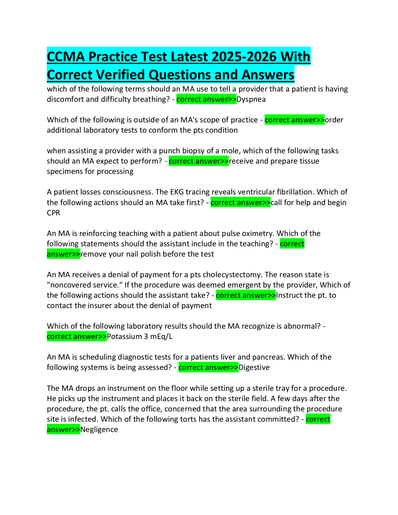 CCMA Practice Test Latest 2025-2026 With Correct Verified Questions and ...