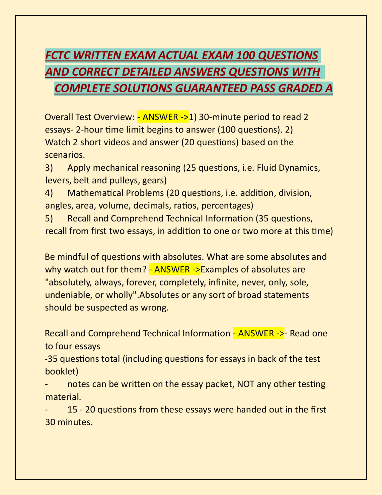 FCTC WRITTEN EXAM ACTUAL EXAM 100 QUESTIONS AND CORRECT DETAILED ...