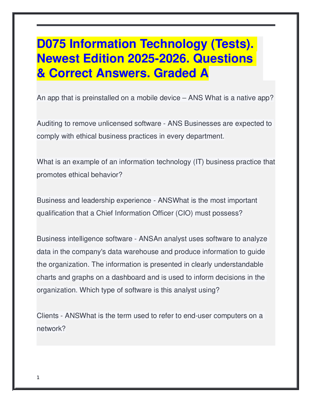 Information Technology Exam Questions and Answers 2025-2026 | Exams ...