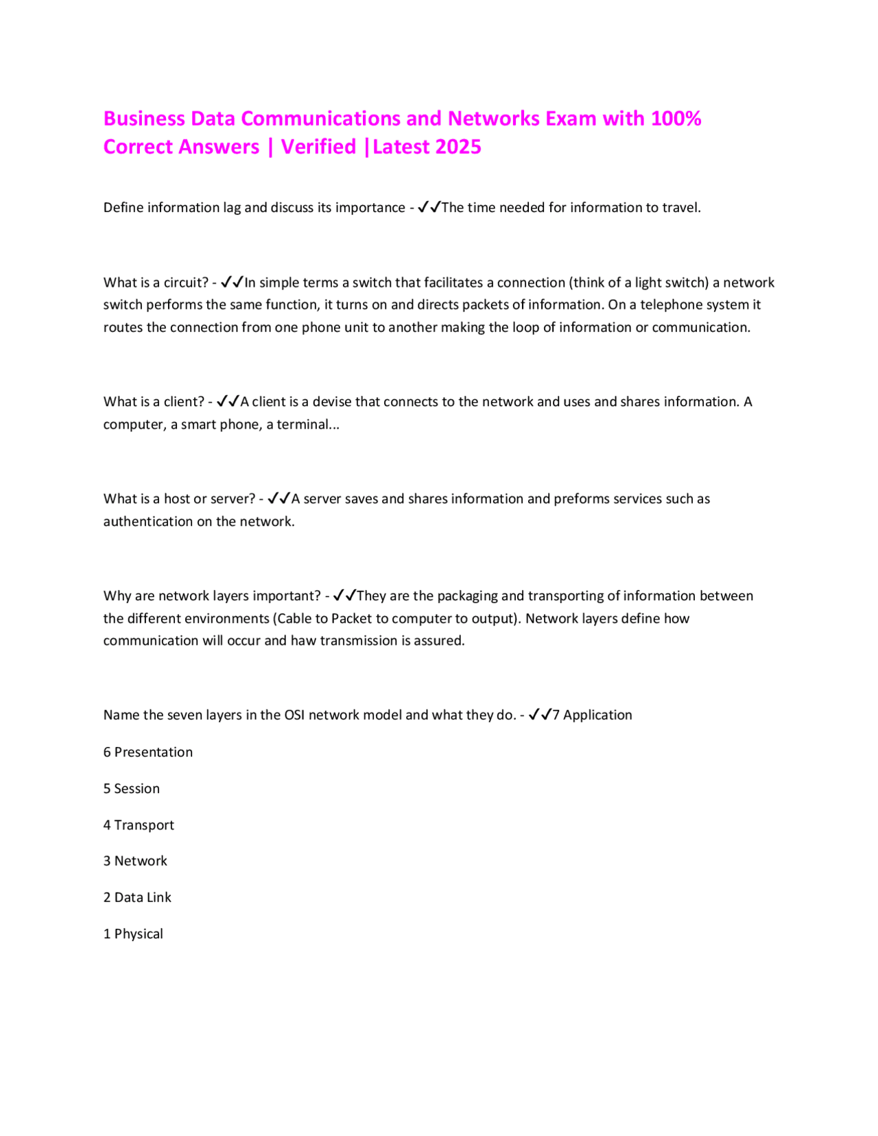 Business Data Communications and Networks Exam with 100% Correct Answers | Verified |Late ...