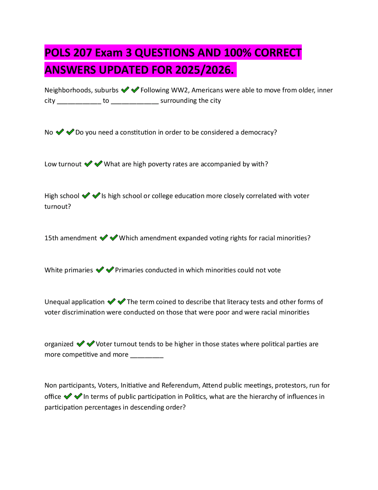 POLS 207 Exam 3: Political Science Questions and Answers for 2025/2026 ...