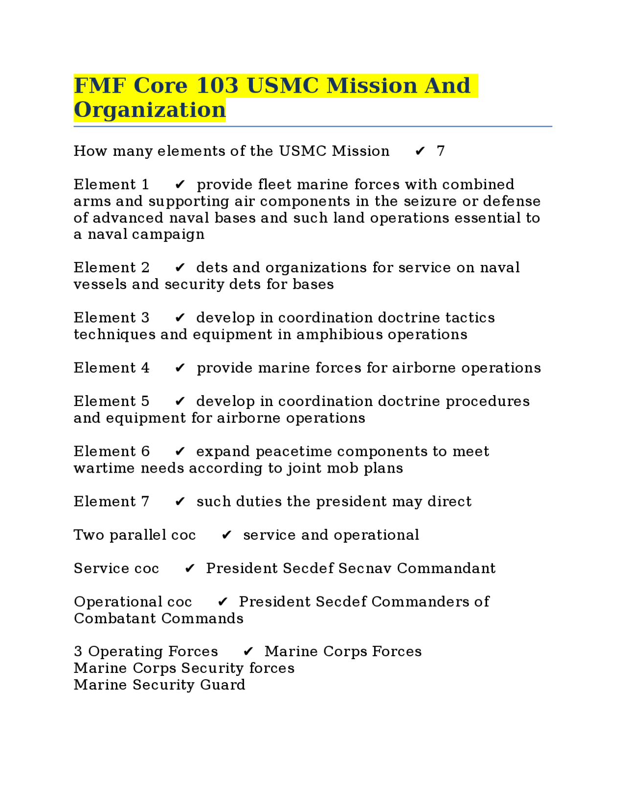 USMC Mission and Organization: FMF Core 103 Study Guide | Exams Public ...